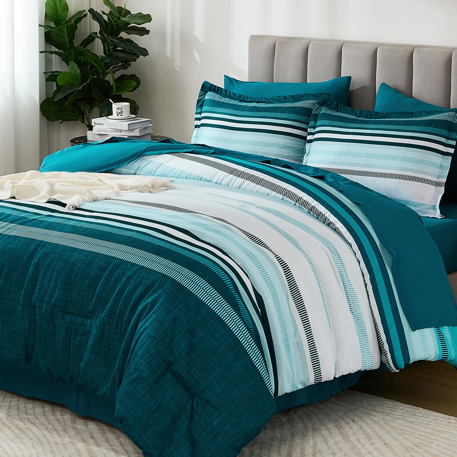 Amazon.com: Teal Queen Comforter Set 7 Pieces, Blue Boho Striped Bed in ...