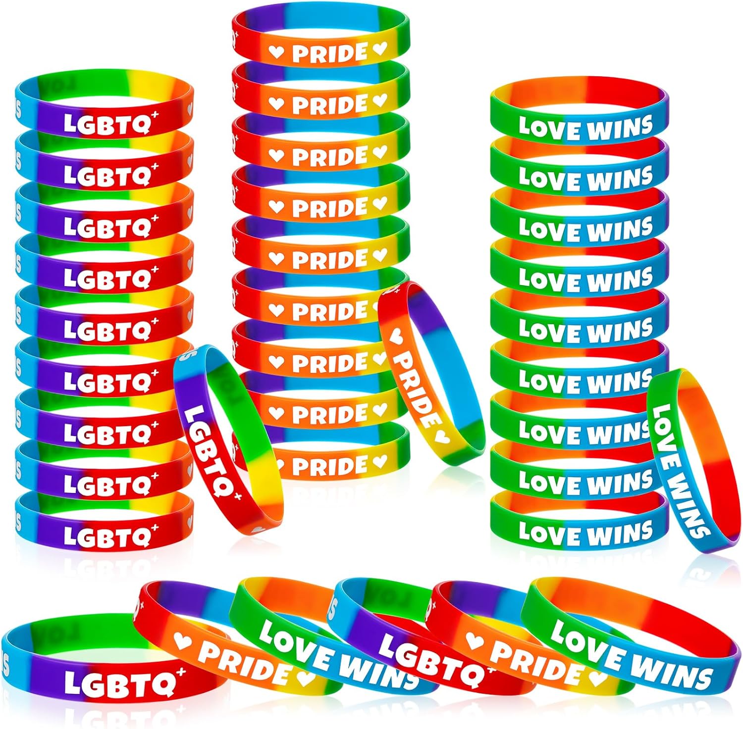 Otuuz 60 Pcs Rainbow Silicone Pride Wristband - LGBT Bracelet for Gay ...