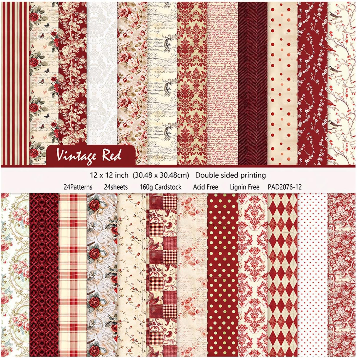 Amazon.com: 24 Sheets Vintage Red Floral Scrapbook Textured Double ...