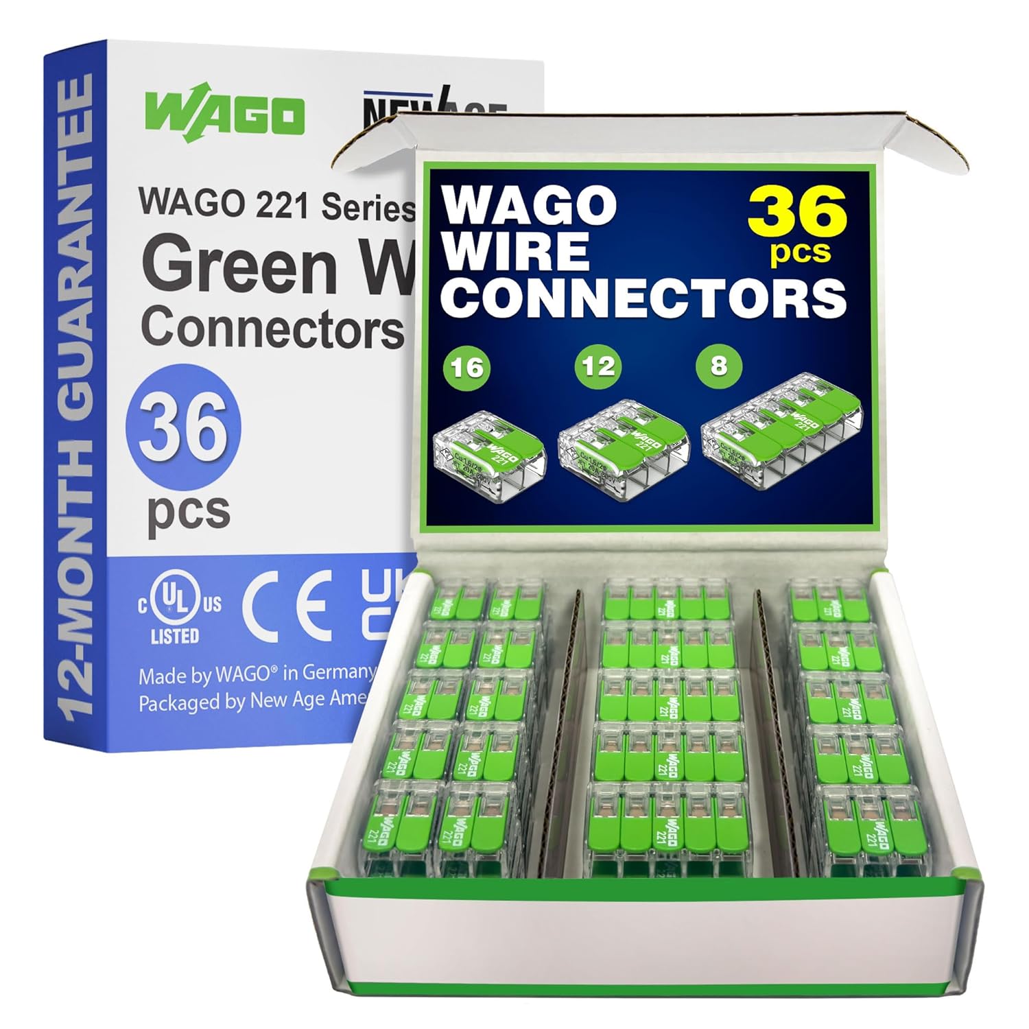 WAGO 221 Series Green Range 36pc Compact Splicing Wire Connectors | Includes (16x 221-422) (12x ...