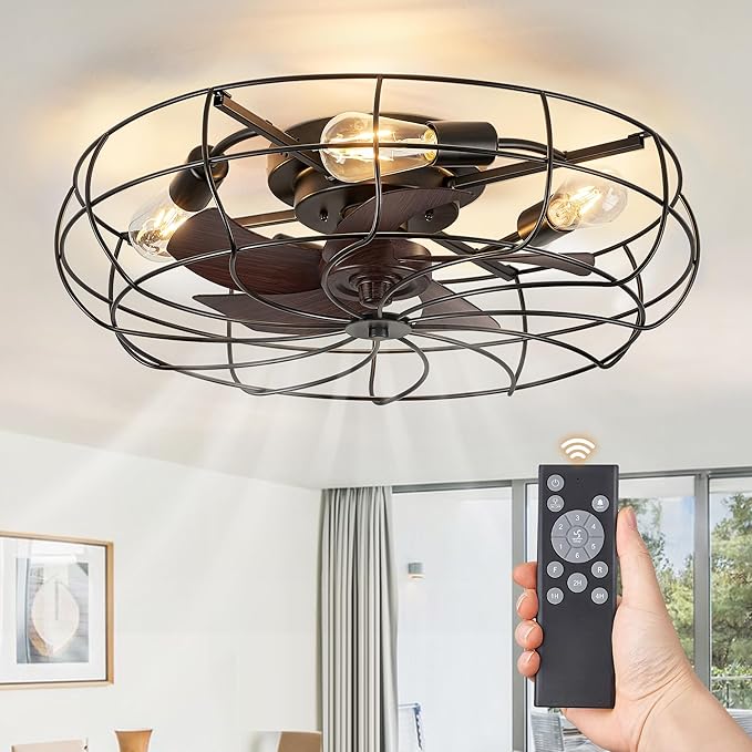 Amazon.com: LEDIARY 23 Inch Caged Ceiling Fan with Light, Flush Mount ...