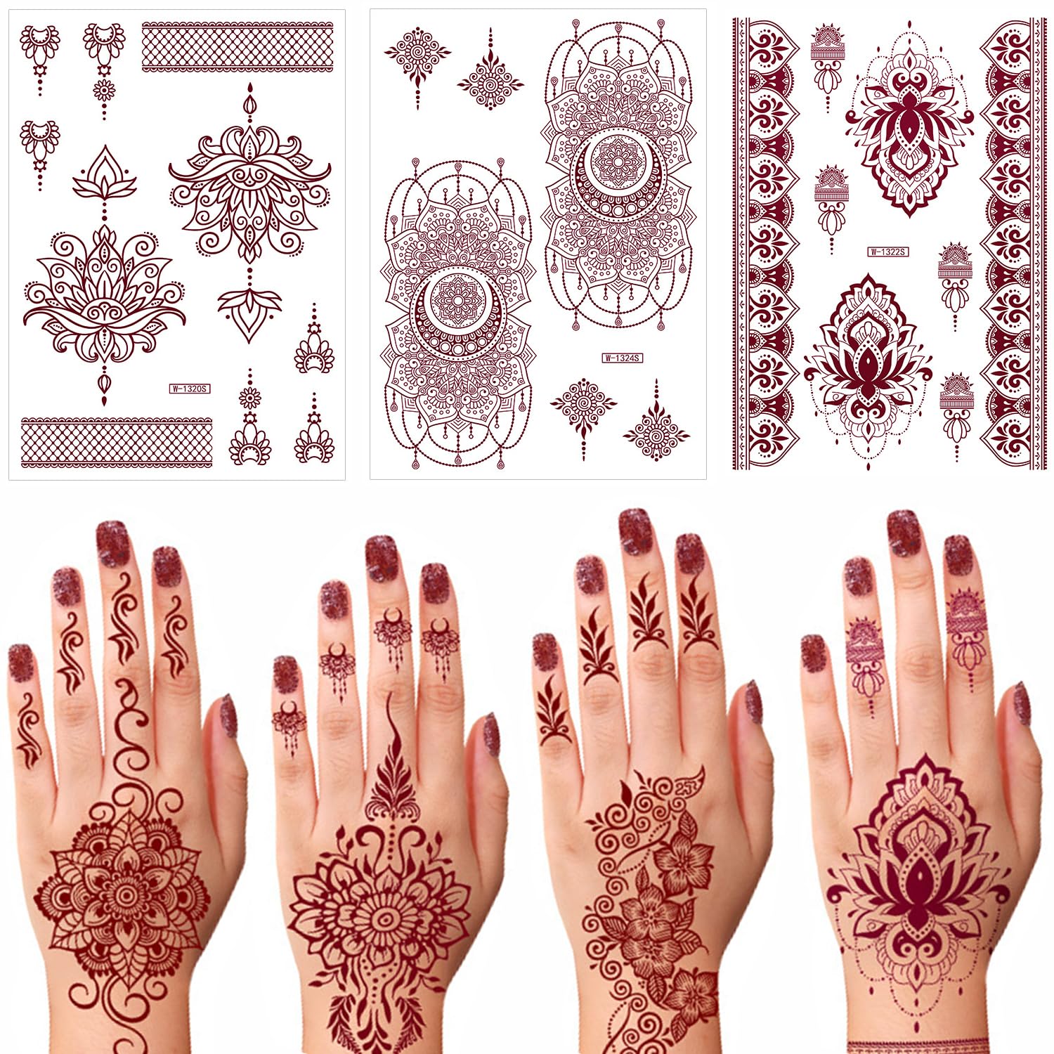Henna Tattoos Kit, 6 Sheets Brown Waterproof Lace Pattern Fake Tattoos ...