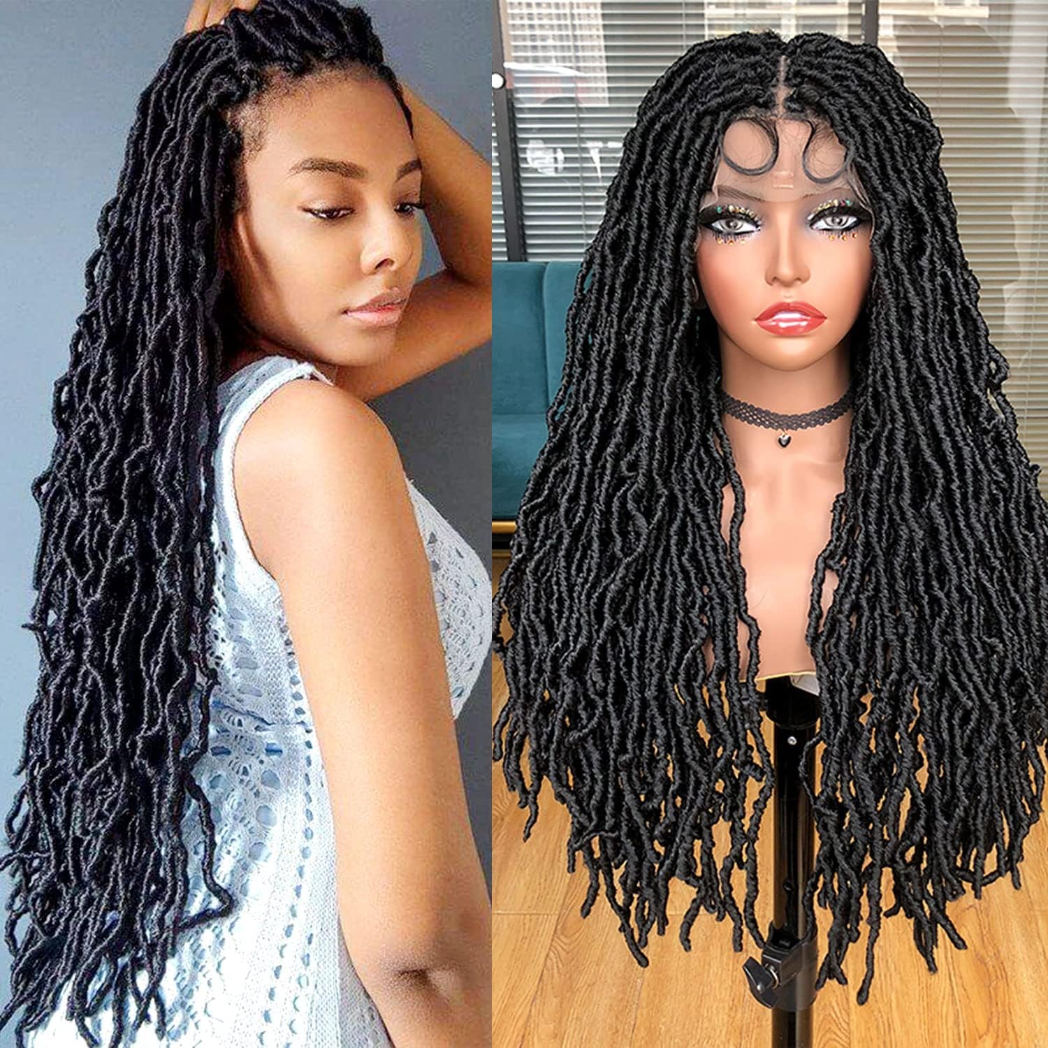 Amazon.com : Sweece Full Lace Faux Locs Braided Wigs for Black Women ...