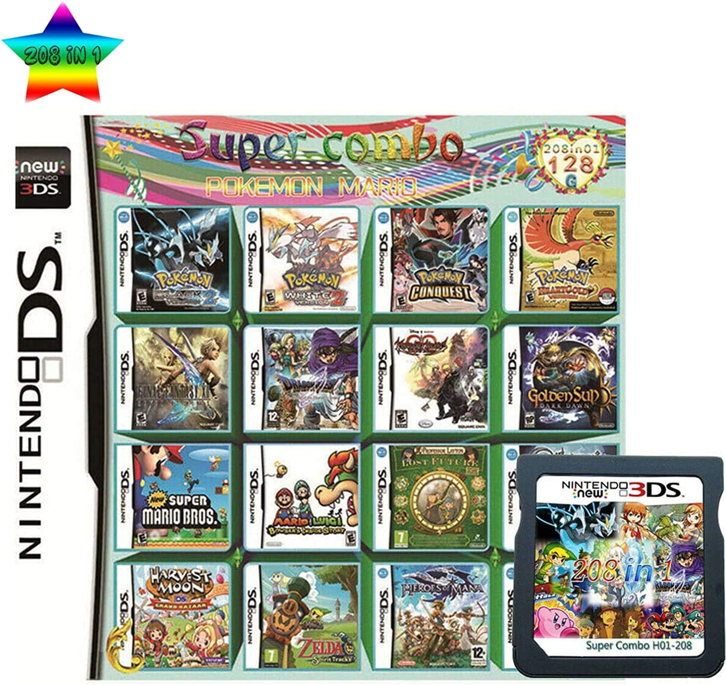 208 in 1 Game Cartridge Multicart, Wishrun Game Pack Card Super Combo ...