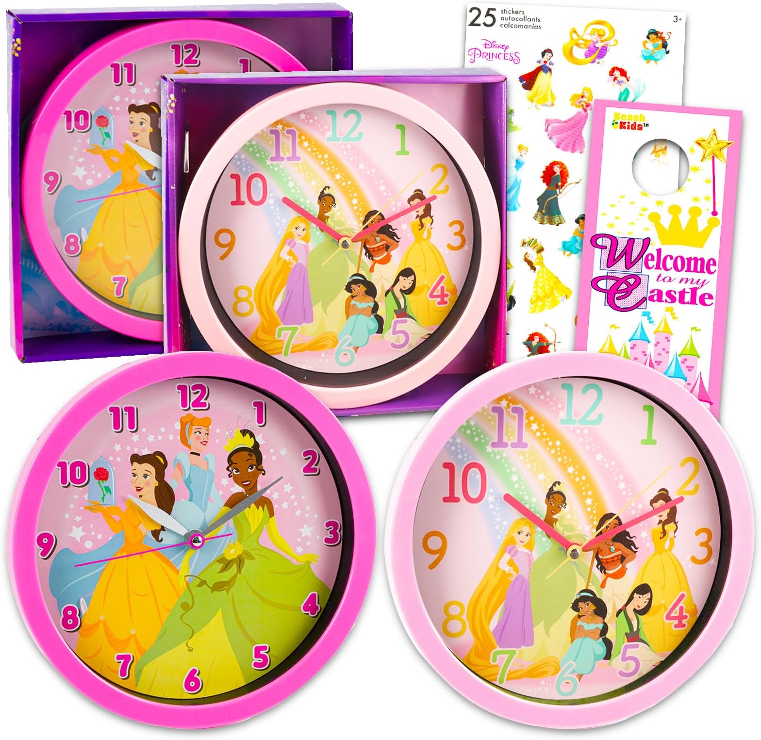 Amazon.com: Disney Princess Wall Clock Set- Bundle of 2 Disney Princess ...