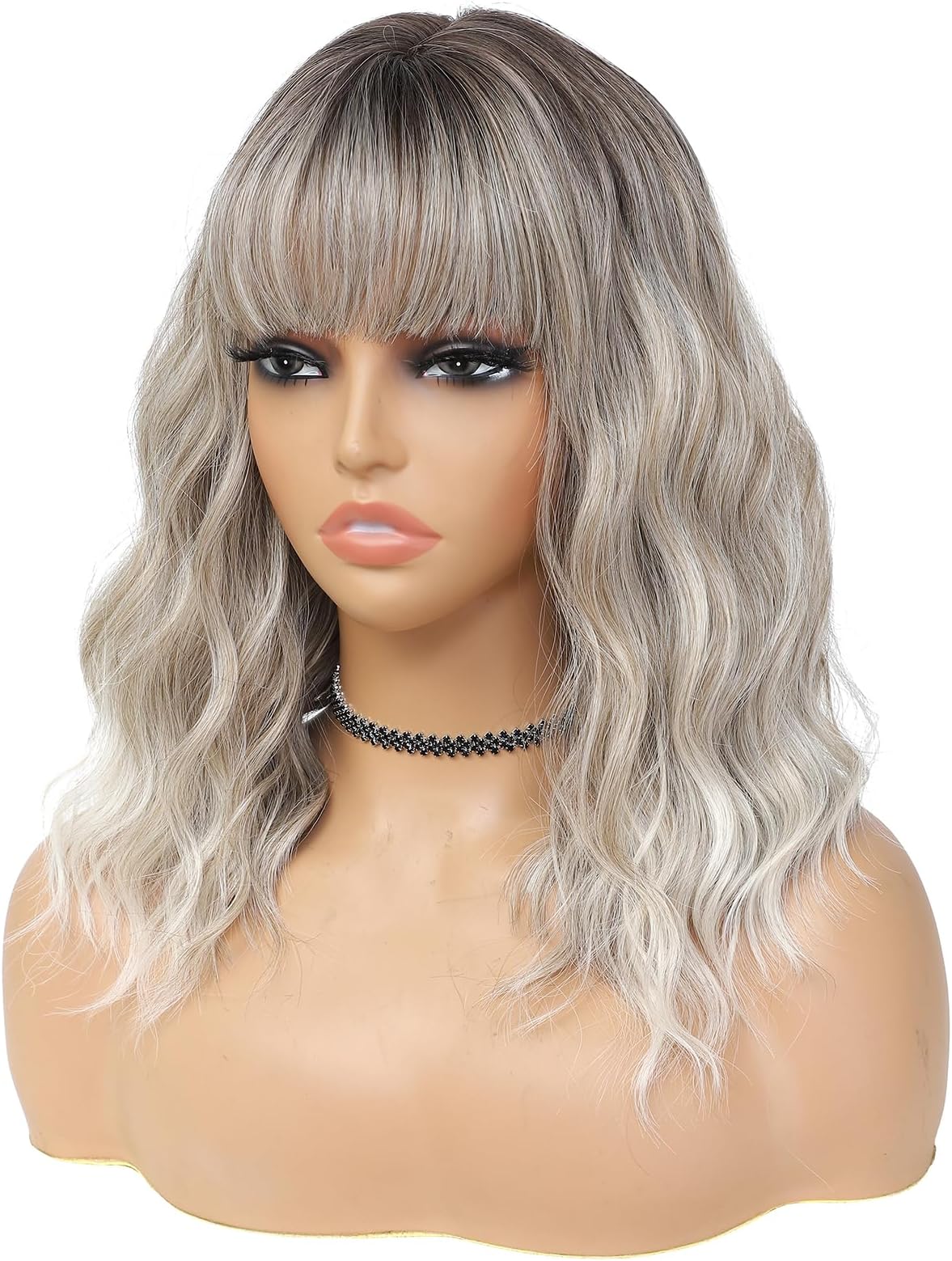 Amazon.com : BEAUTIFA Ombre Gray Mix Blonde Wig with Bangs for Women 14 ...