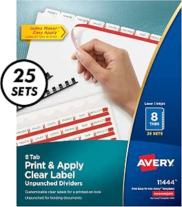 Avery 8-Tab Unpunched Binder Dividers, Easy Print & Apply Clear Label ...