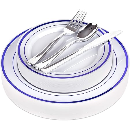 Amazon.com: FOMOICA Royal Blue Plastic Plates and Blue Silver ...