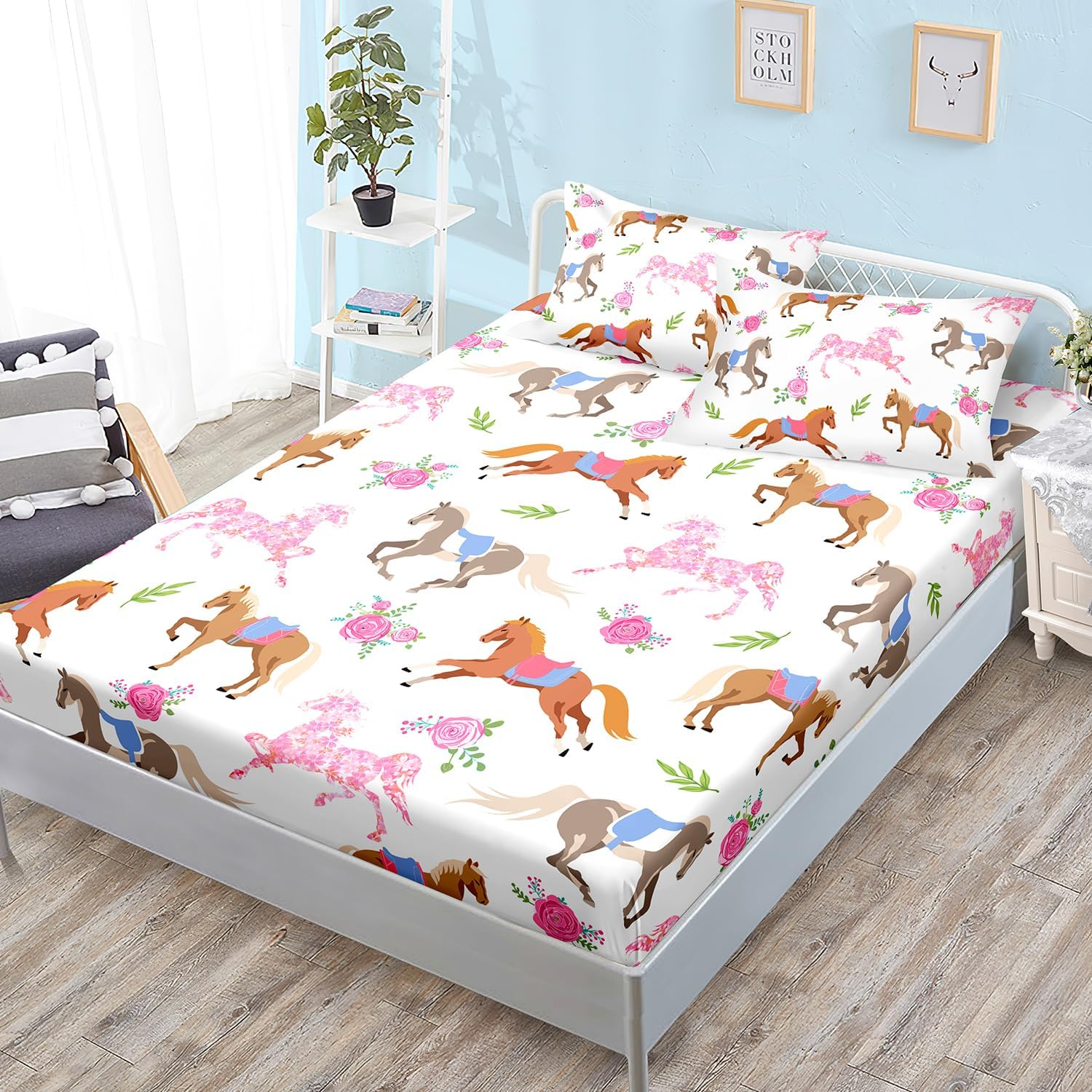 Amazon.com: HOSIMA Kawaii Pink Rose Horse Fitted Sheet Princess Toddler ...