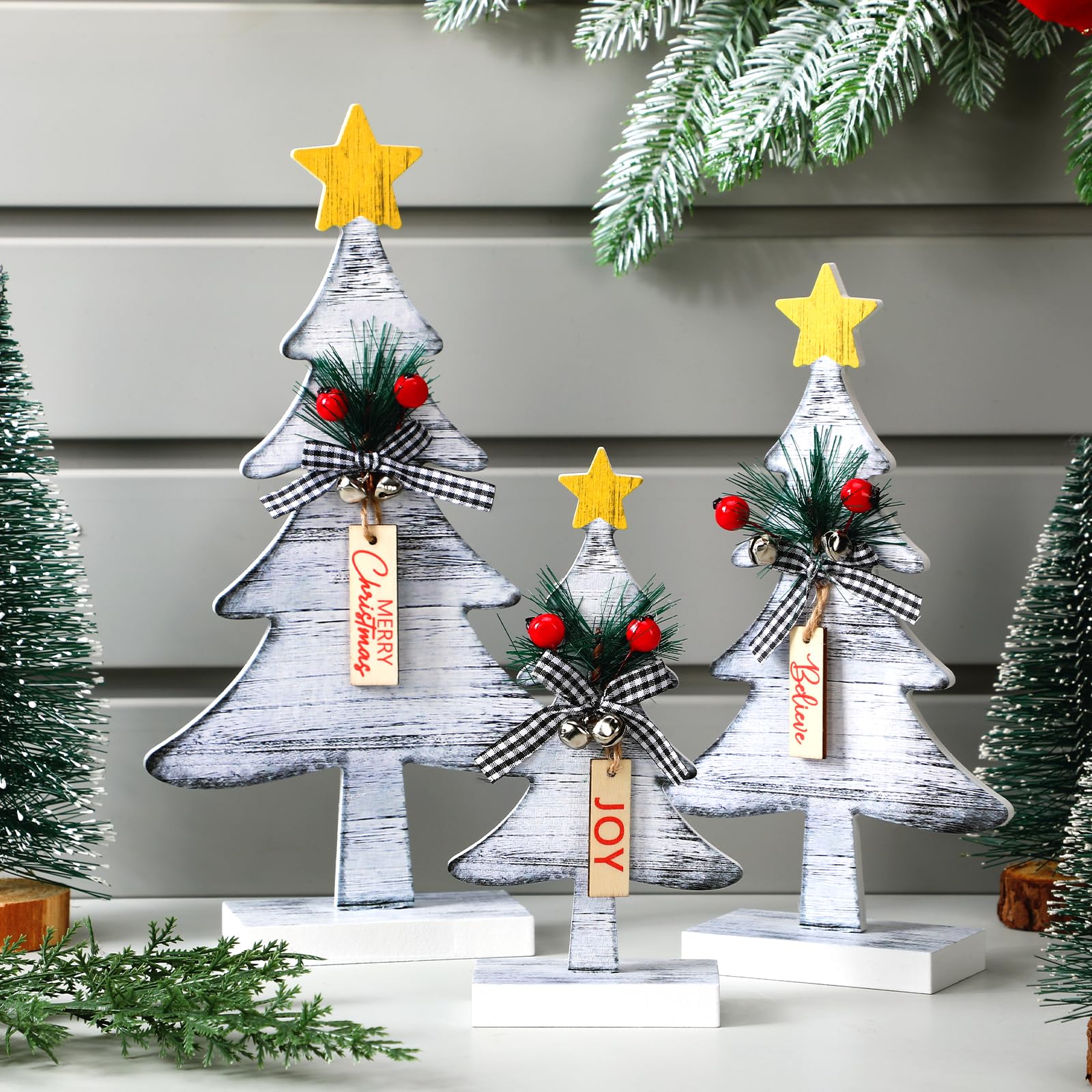 Amazon.com: Barydat 3 Pcs Wooden Christmas Trees Tabletop Decoration 3 ...