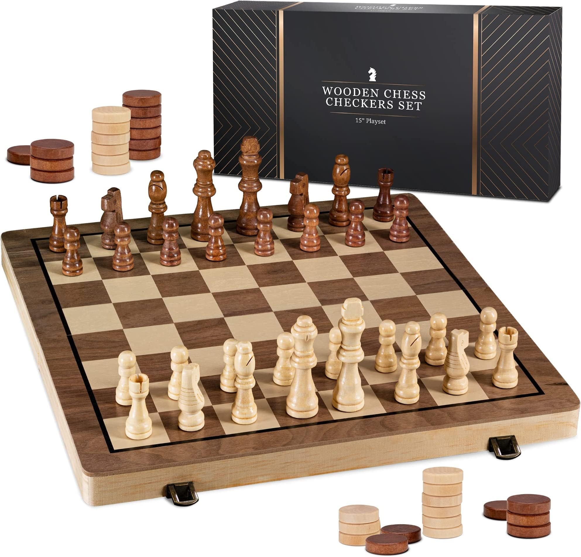 Amazon.com: MAGGIE 15 Inch Chess Set Board,2 in 1 Chess&Checkers Wooden ...