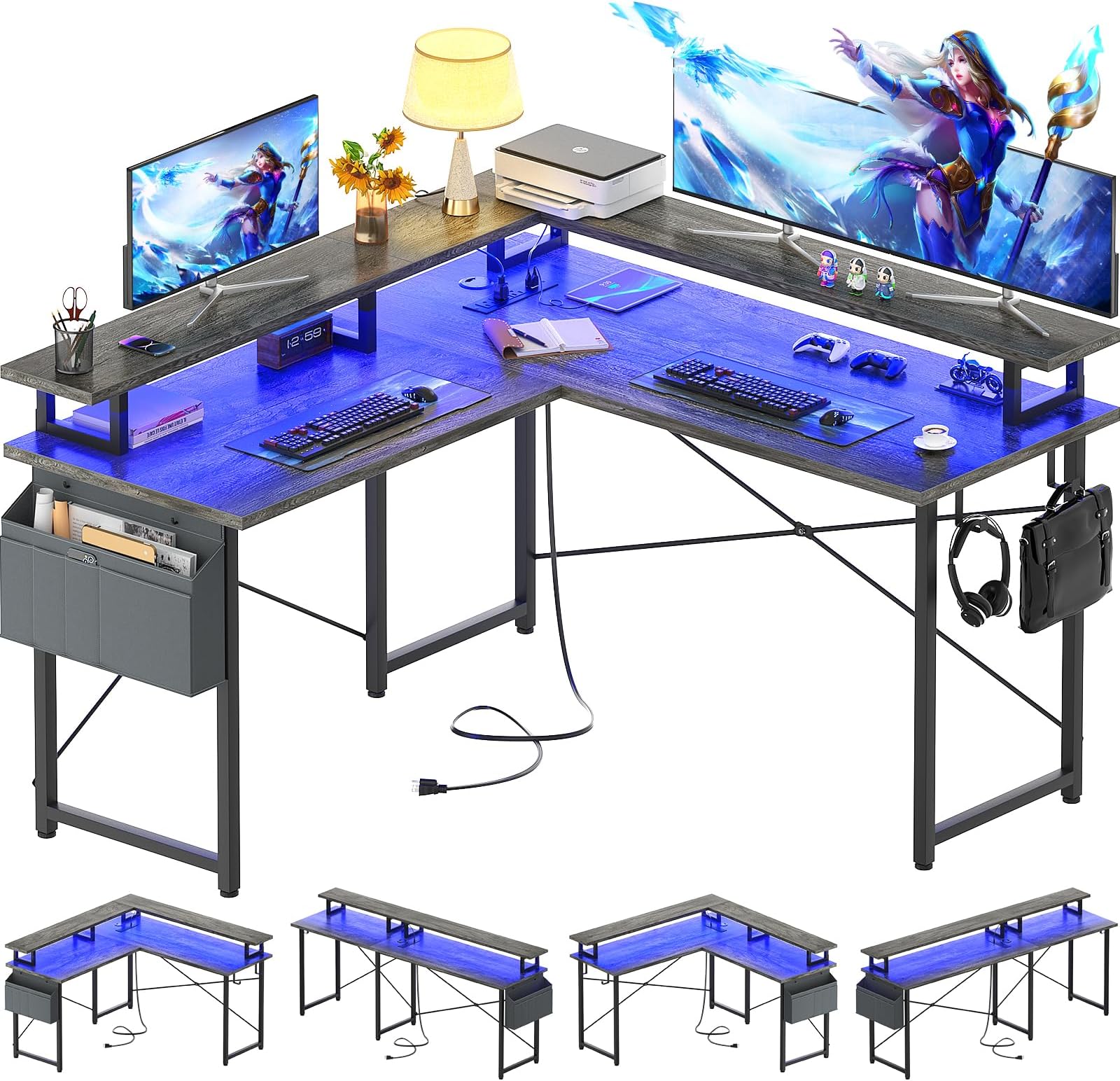 Amazon.com: armocity L Shaped Computer Desk with Power Outlets, Gaming ...