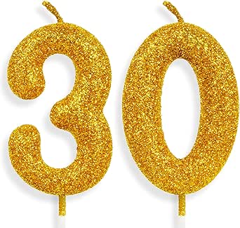 Amazon.com: 30th Glitter Birthday Candles, Gold Birthday Number Candle ...
