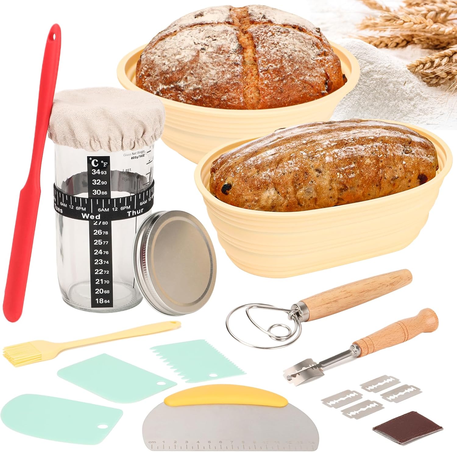 Sourdough Starter Kit, 2 Silicone Bread Banneton Proofing Basket and ...