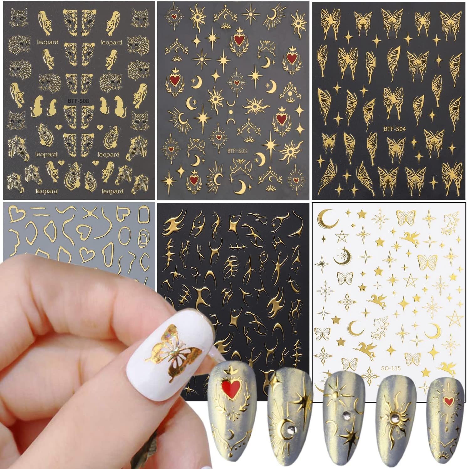 Amazon.com: Vezocim Silver Nail Art Stickers, Flower Leaf Sun Moon ...
