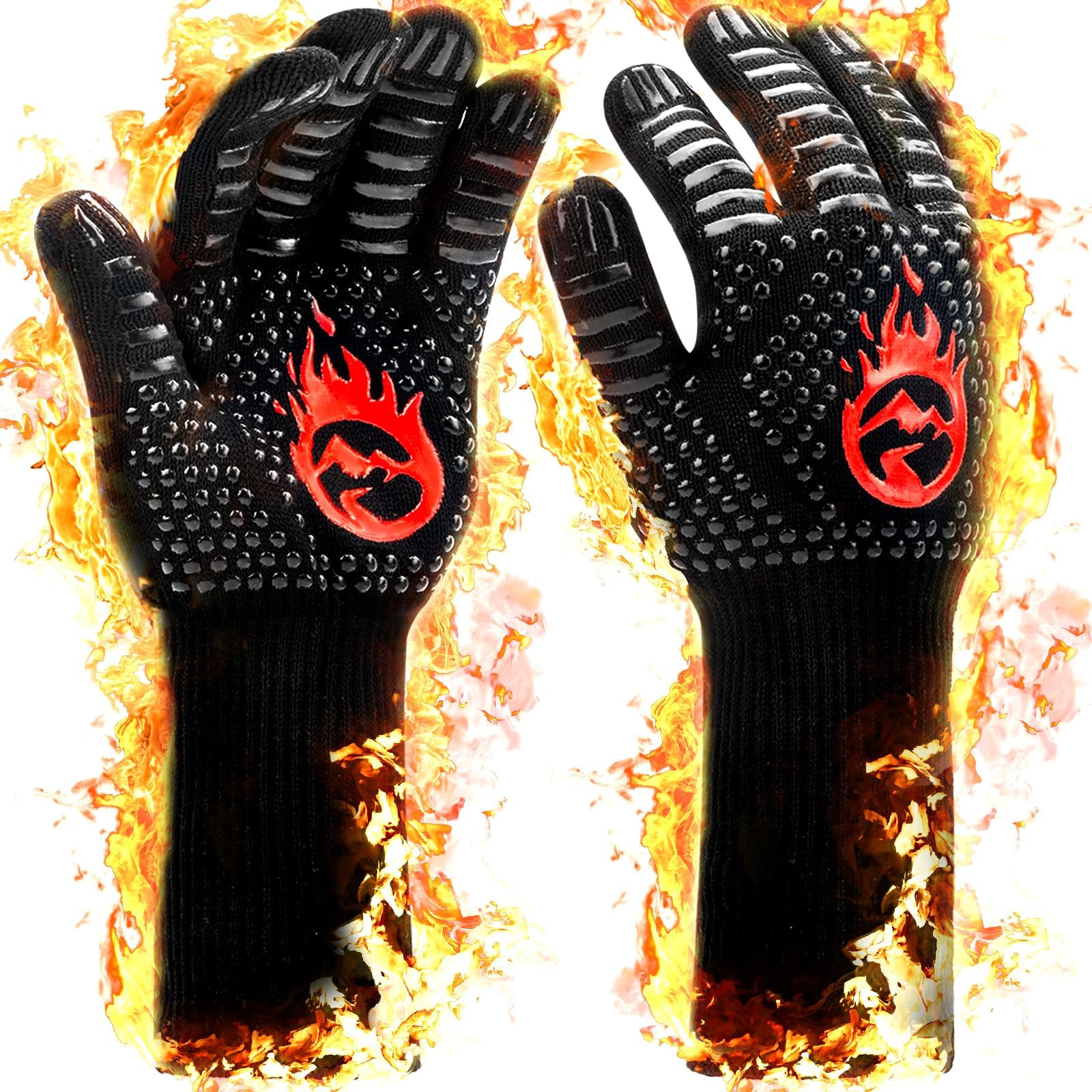 BBQ Gloves, 800℃ Upgraded Heat Resistant Oven Gloves with Fingers ...