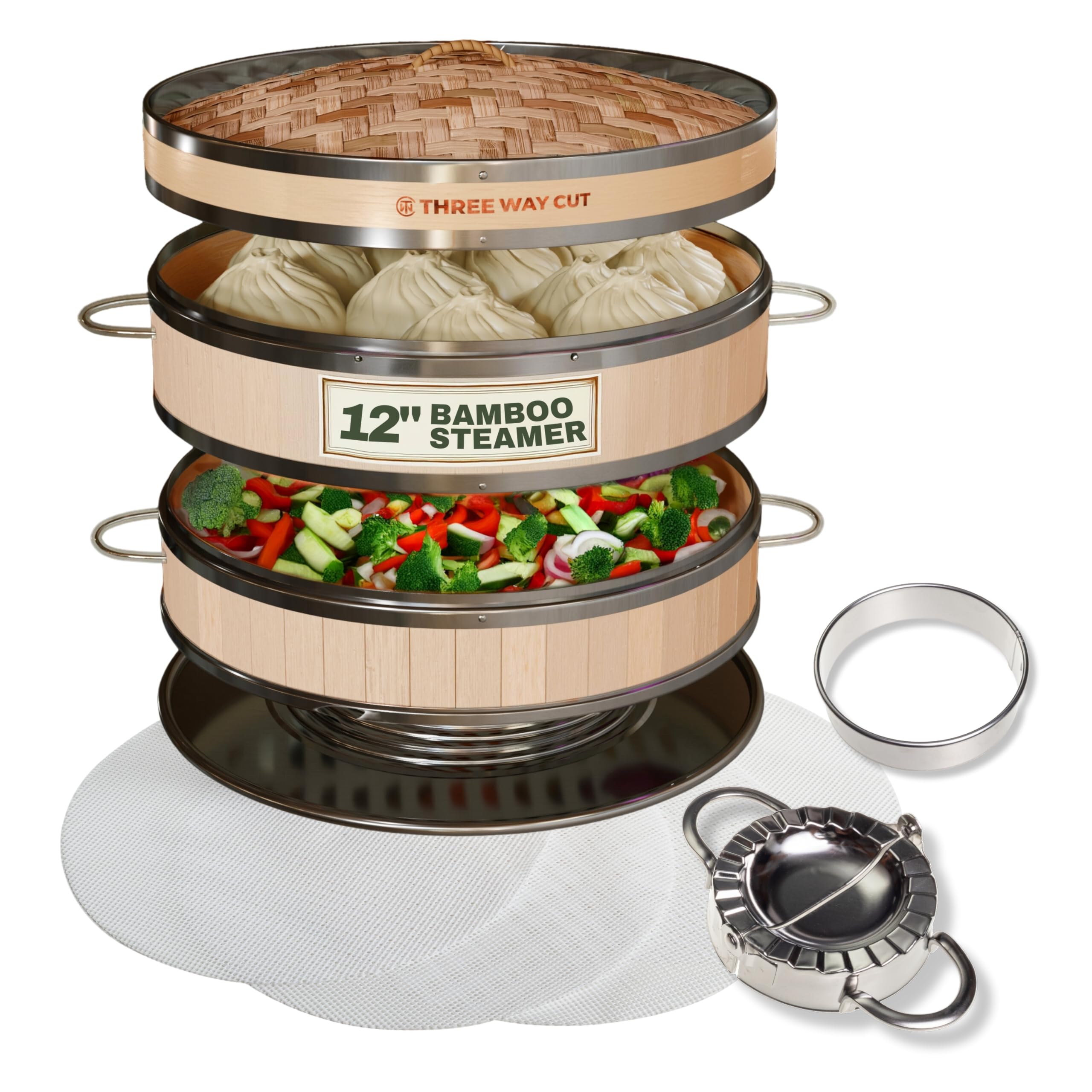 Amazon.com: 2-tier 12" Bamboo Steamer with Reinforcement & Handle ...