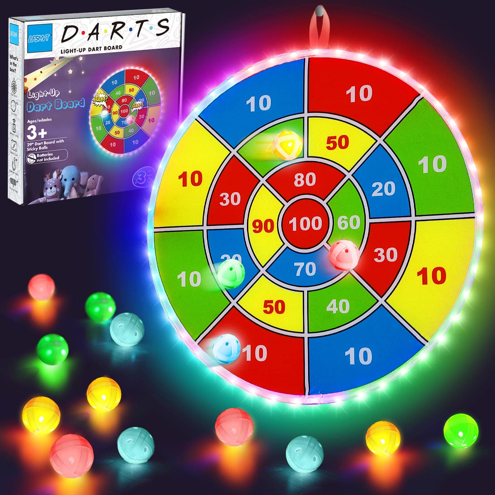 LFSMVT 29" LED Dart Board for Kids, Light Up Dart Board with LED Sticky ...