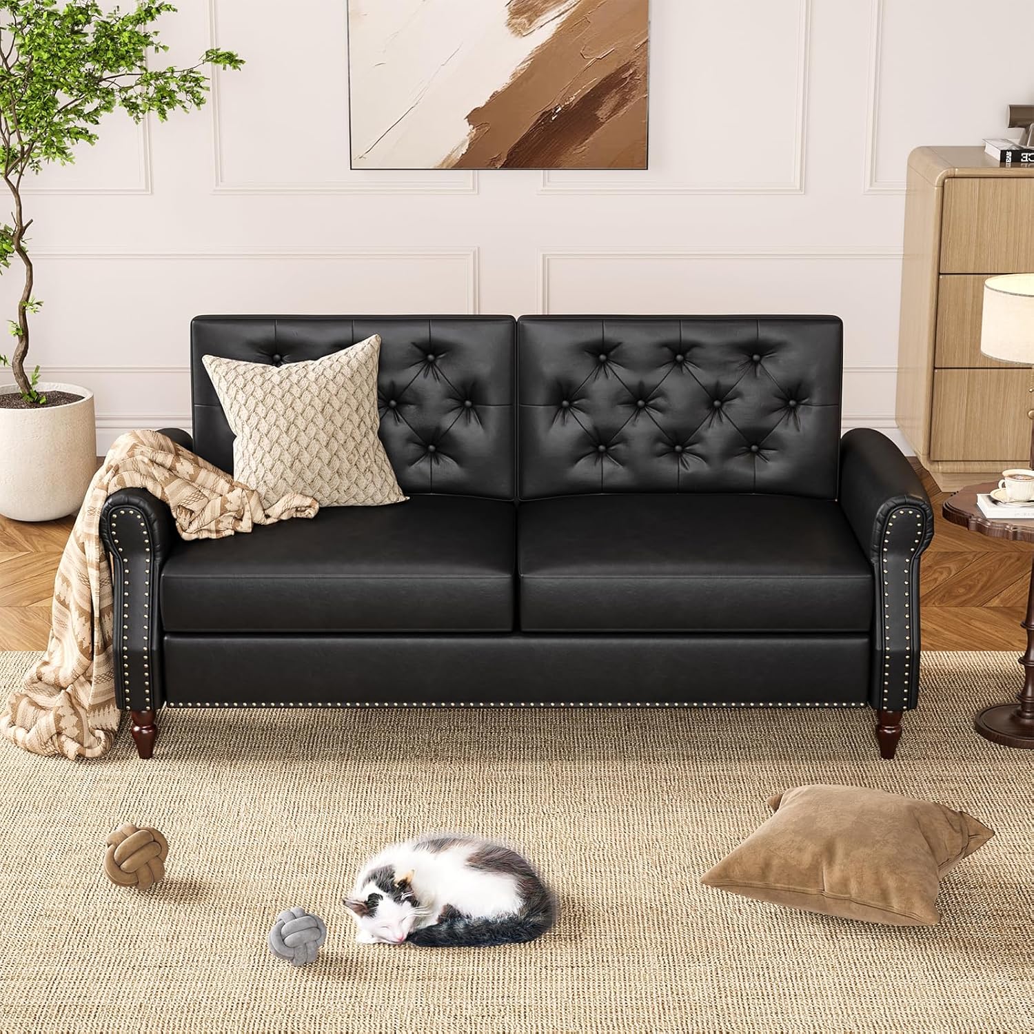 Amazon.com: FiveWillowise Black Couch, 73-inch Sofa, Faux Leather ...
