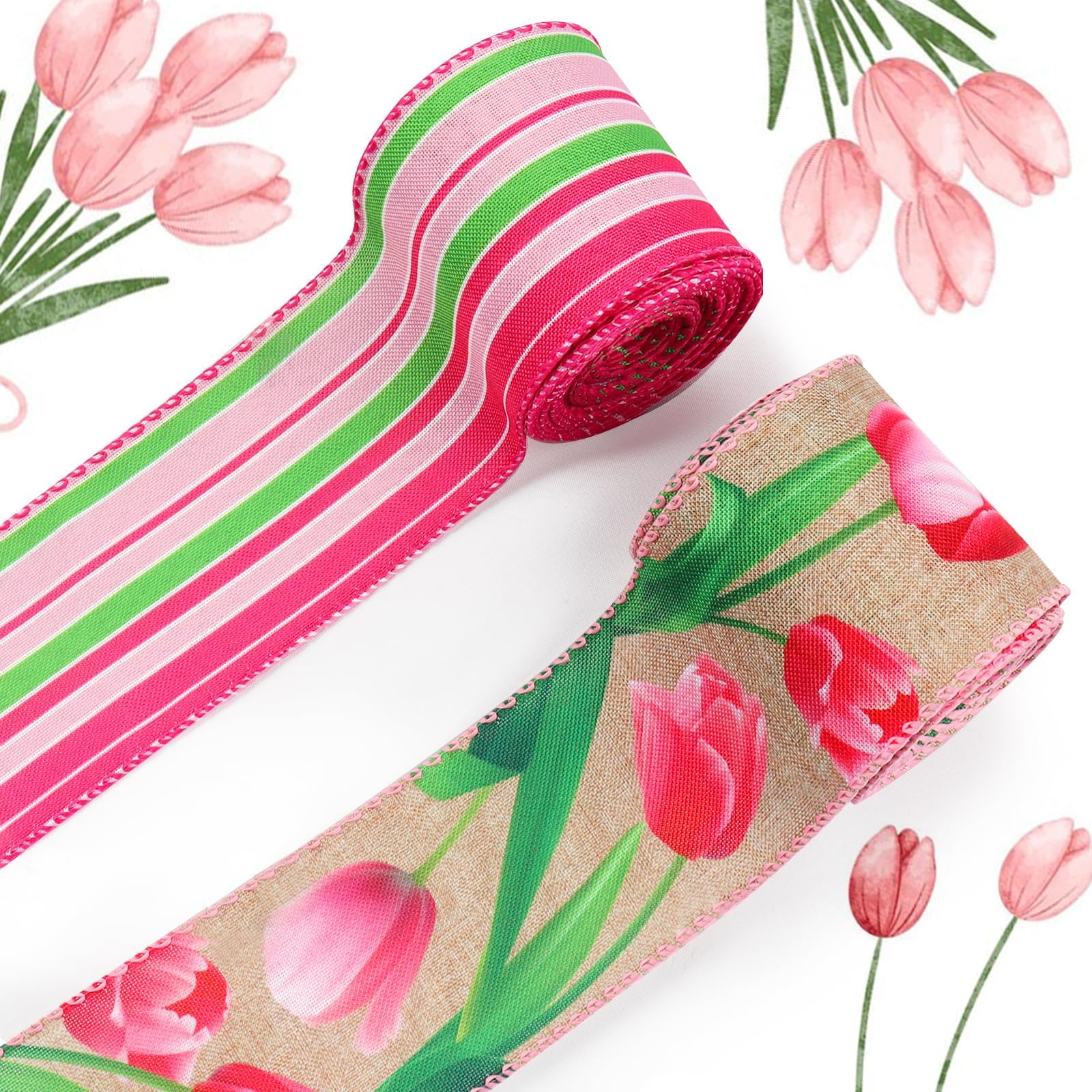Amazon.com: Hying 2 Rolls Spring Flowers Ribbons for Wreath Bows, 2.5"× ...