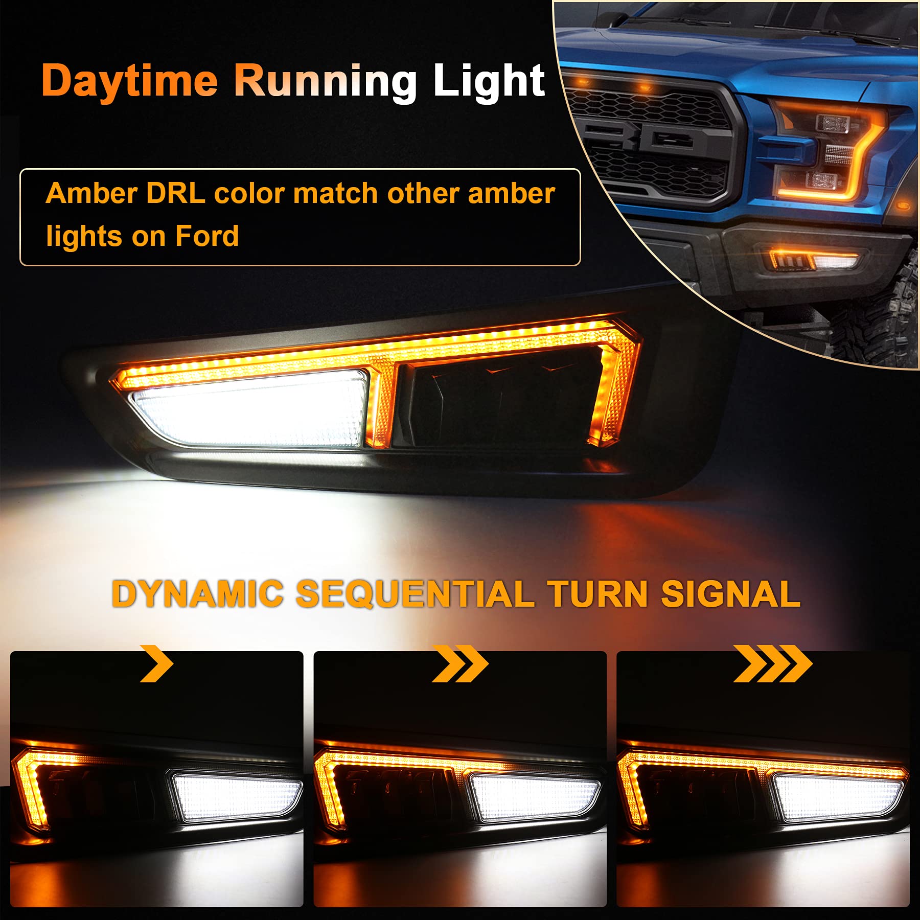 MOVOTOR Ford Raptor Fog Lights with Amber DRL Sequential Amber Turn ...
