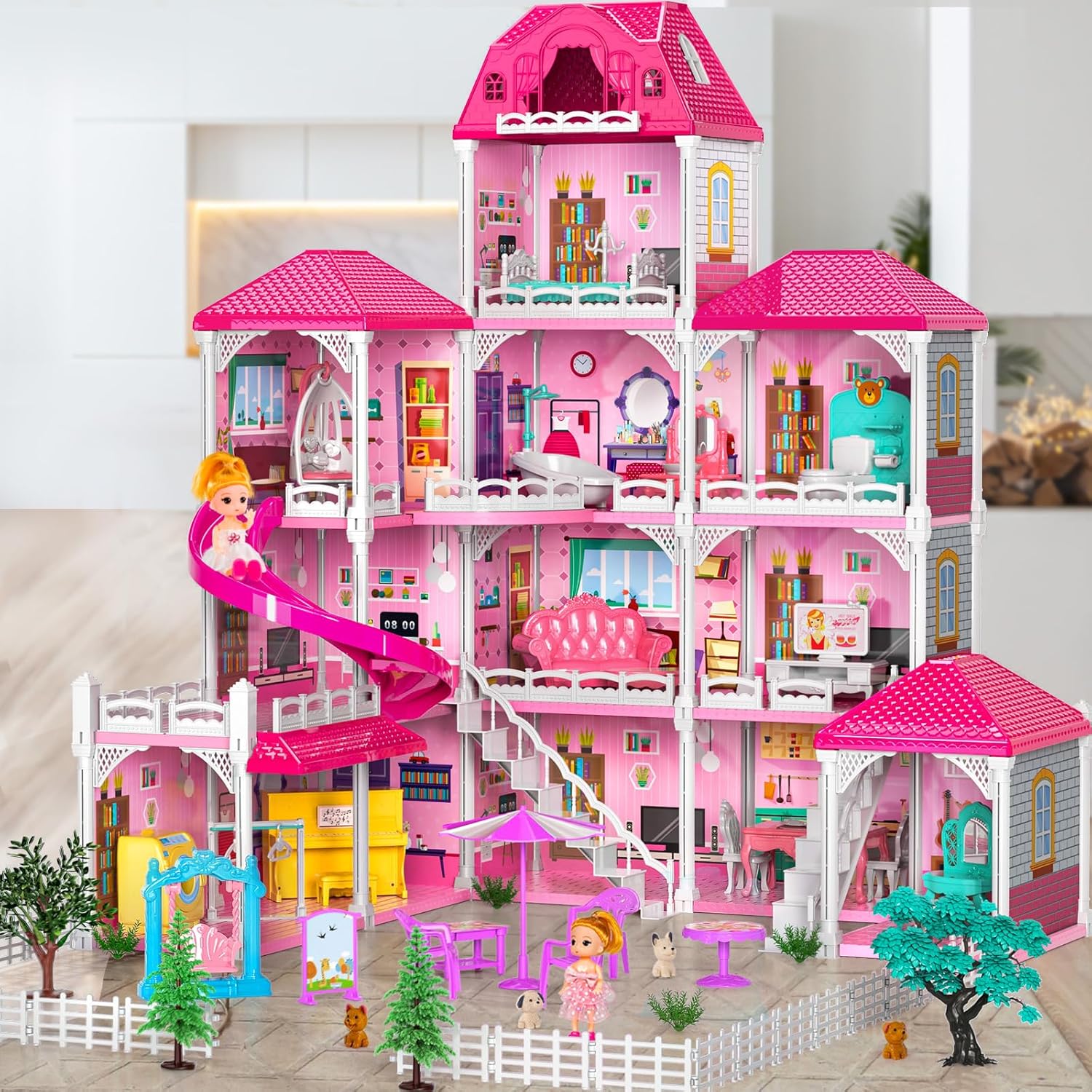 Amazon.com: TEMI Doll House Girls Toys - 4-Story 12 Rooms Playhouse ...