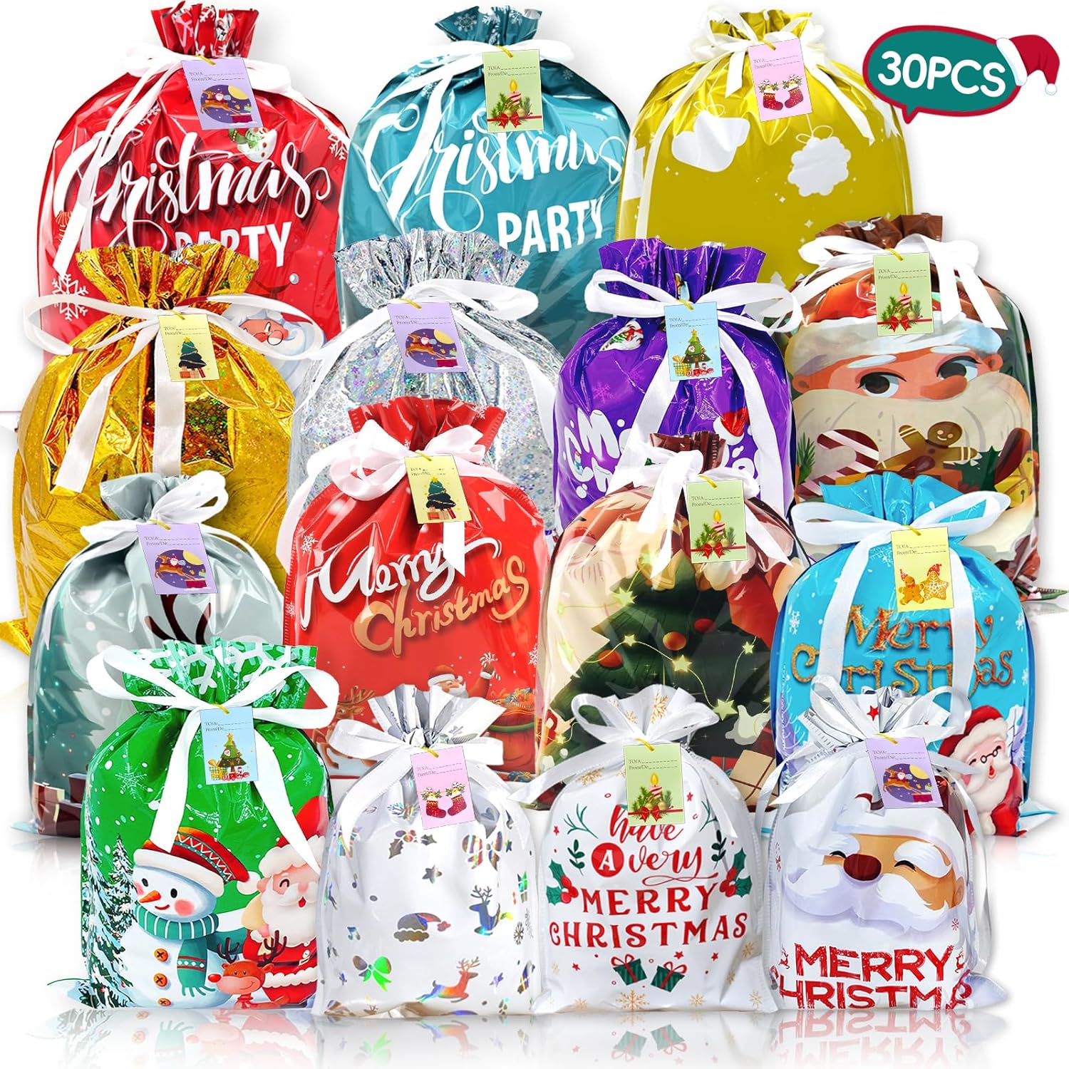 30Pcs Christmas Drawstring Gift Bags, Large Medium Small Present Bags ...