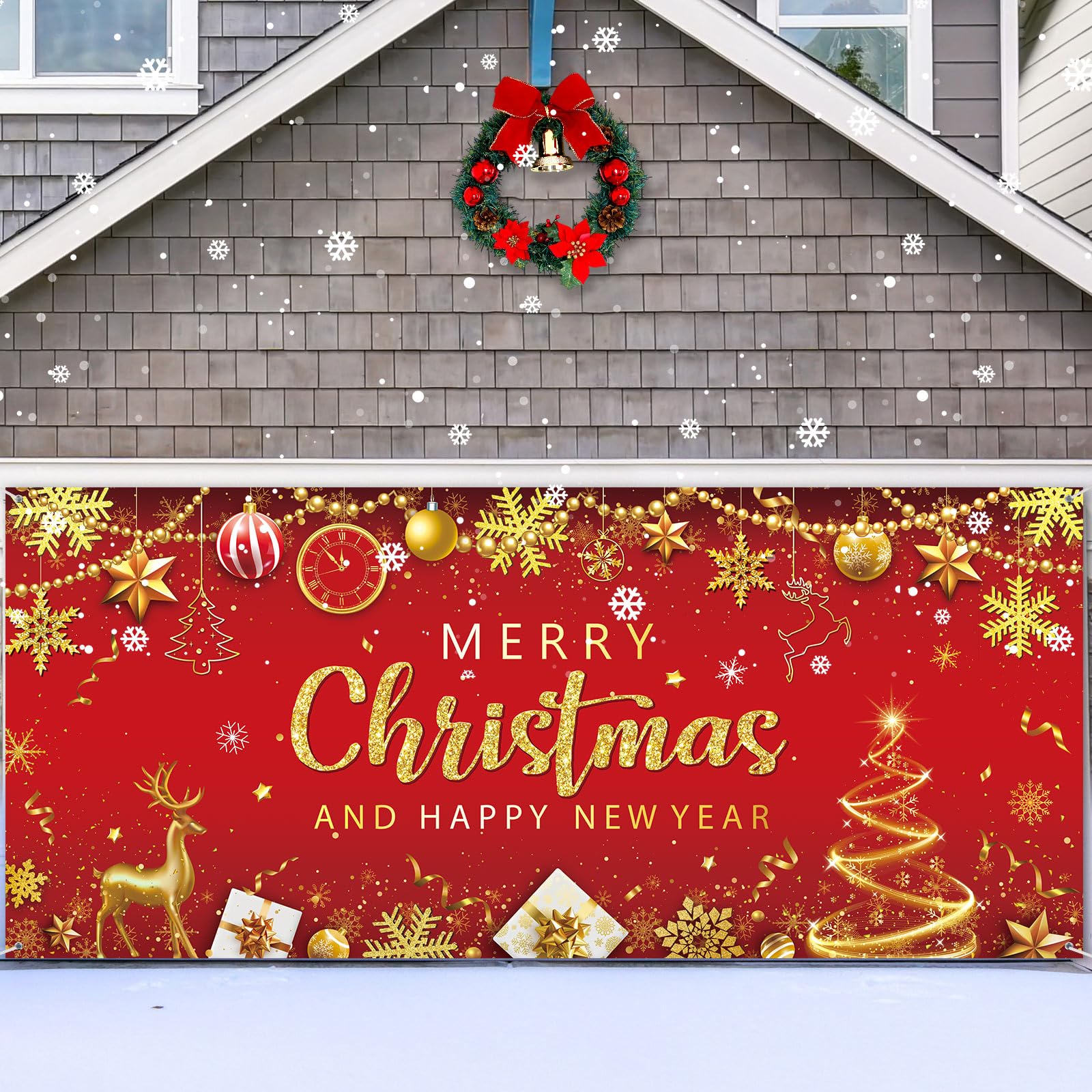 Snapklik.com : Christmas Garage Door Cover 7 X 16 Ft Red Gold Garage ...