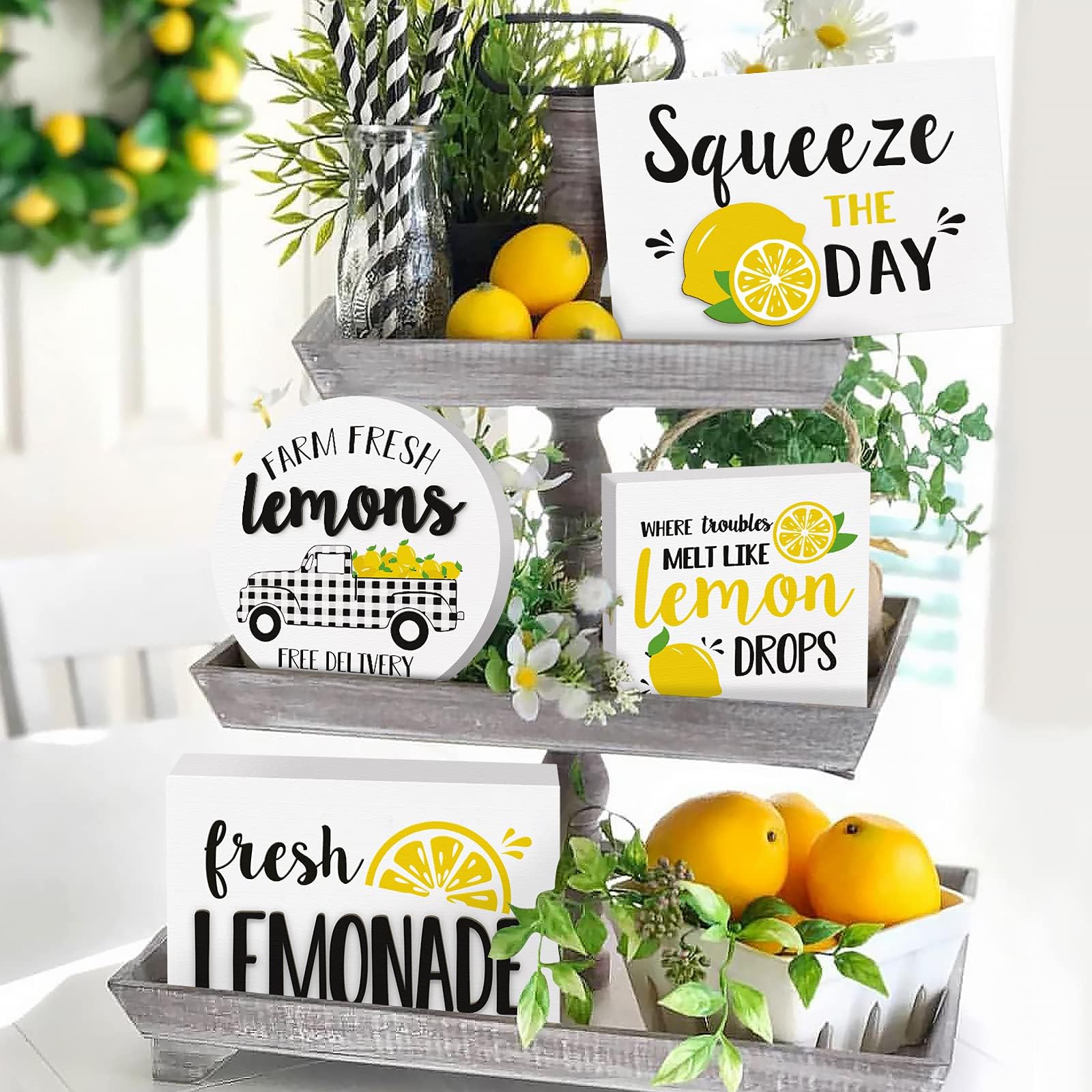 Amazon.com: 12 Pcs Summer Lemon Tiered Tray Decor Wooden Lemon Kitchen ...