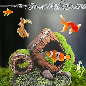 DXIA Barrel Fish Tank Decorations with Crafts Moss, Resin Aquarium ...
