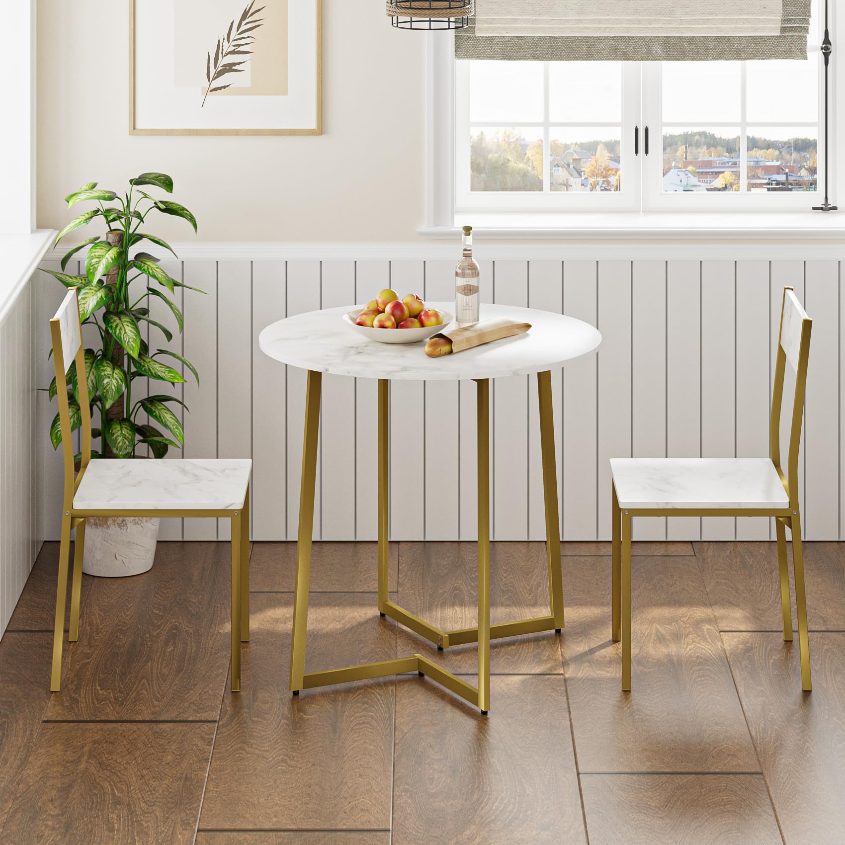 Masupu Small Round Dining Table Set for 2, Wood Marbled Tabletop with ...