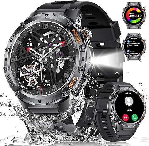 Amazon.com: HIRREO Military Smart Watch for Men, Flashlight 100+ Sports ...