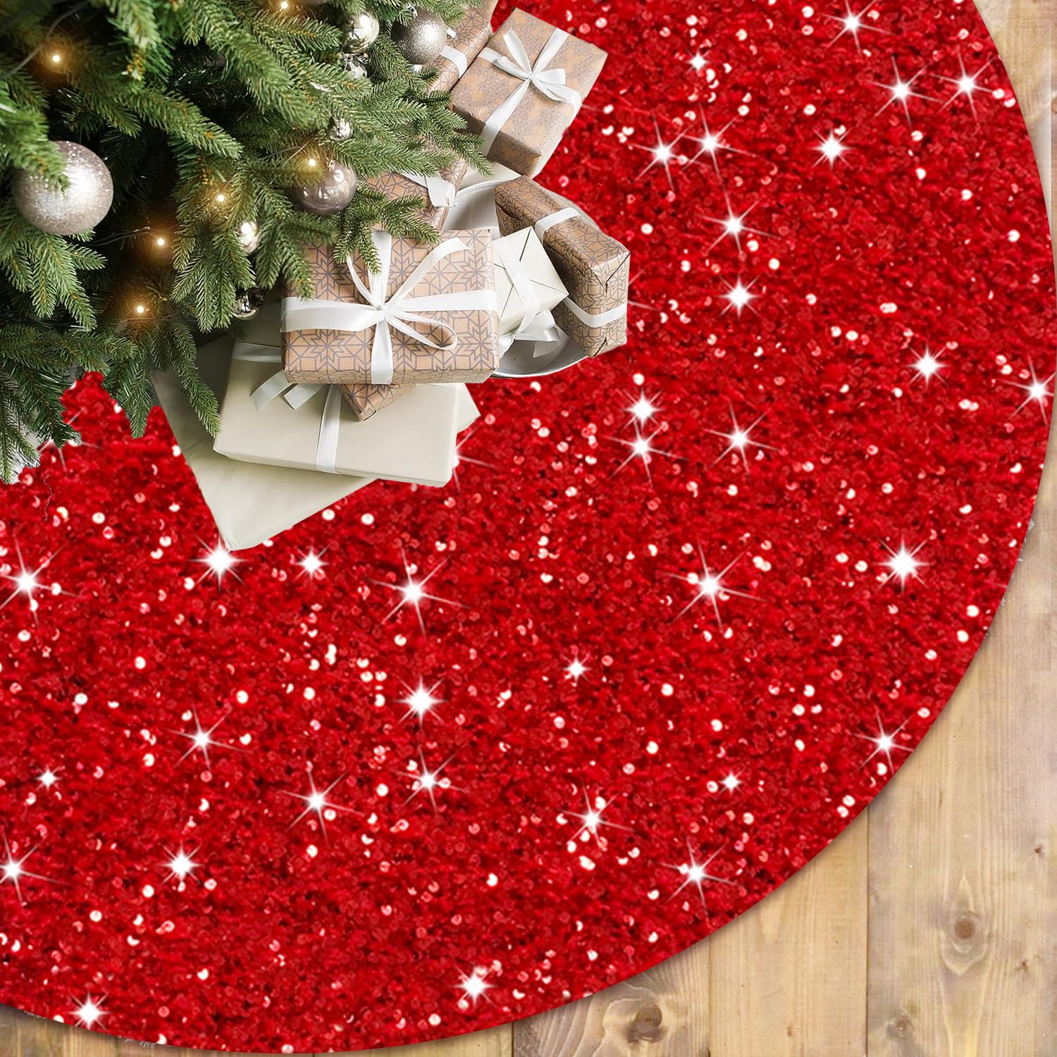 Amazon.com: FOTSHARER Red Tree Skirt 46 Inches Glitter Sequin Christmas Tree Skirts for ...