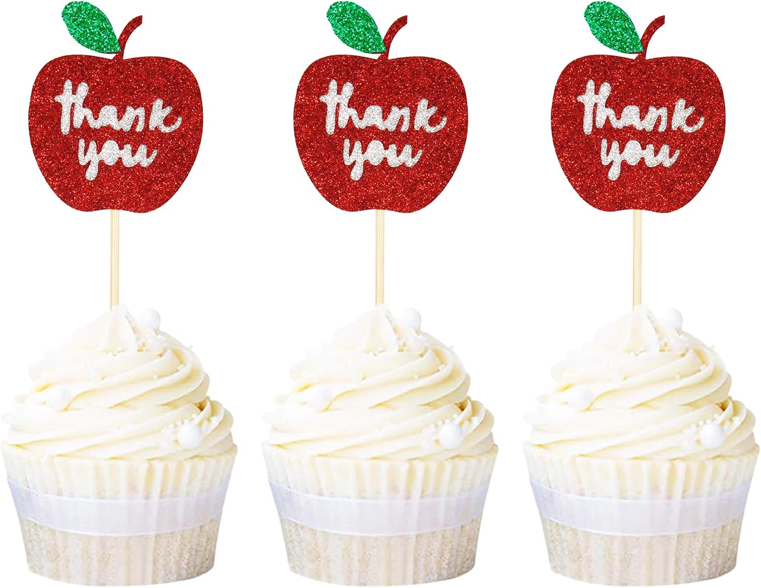 Amazon.com: Ercadio 24 Pack Glitter Apple Cupcake Toppers Thank You ...