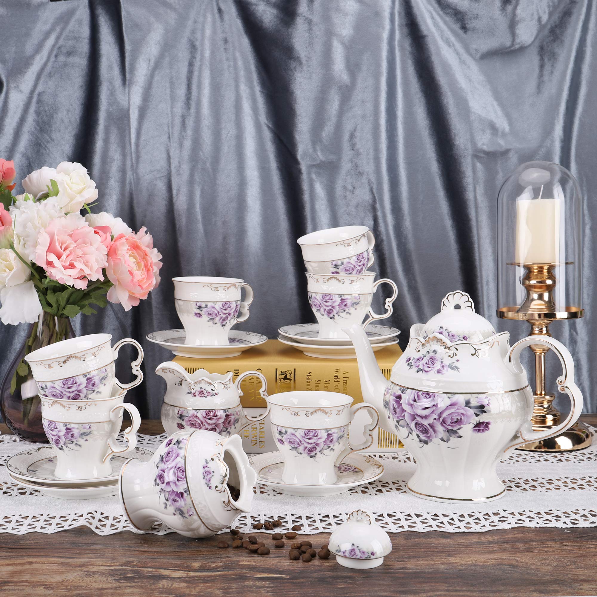 fanquare 15 Piece Porcelain Tea Set for Adults, Wedding Tea Service ...
