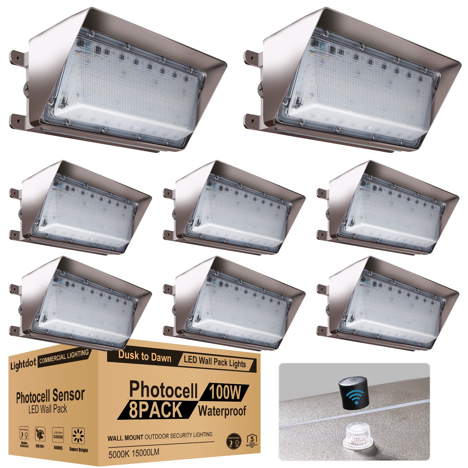 Lightdot 8 Pack 100W LED Wall Pack Lights, Dusk to Dawn with Photocell ...