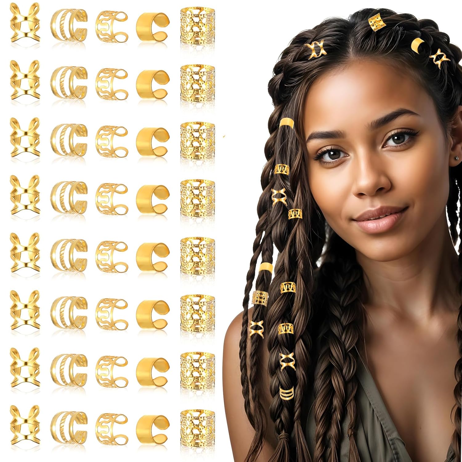 Amazon.com: 40pcs Gold Hair Cuffs Charms Rings for Braids, Gold Hair ...
