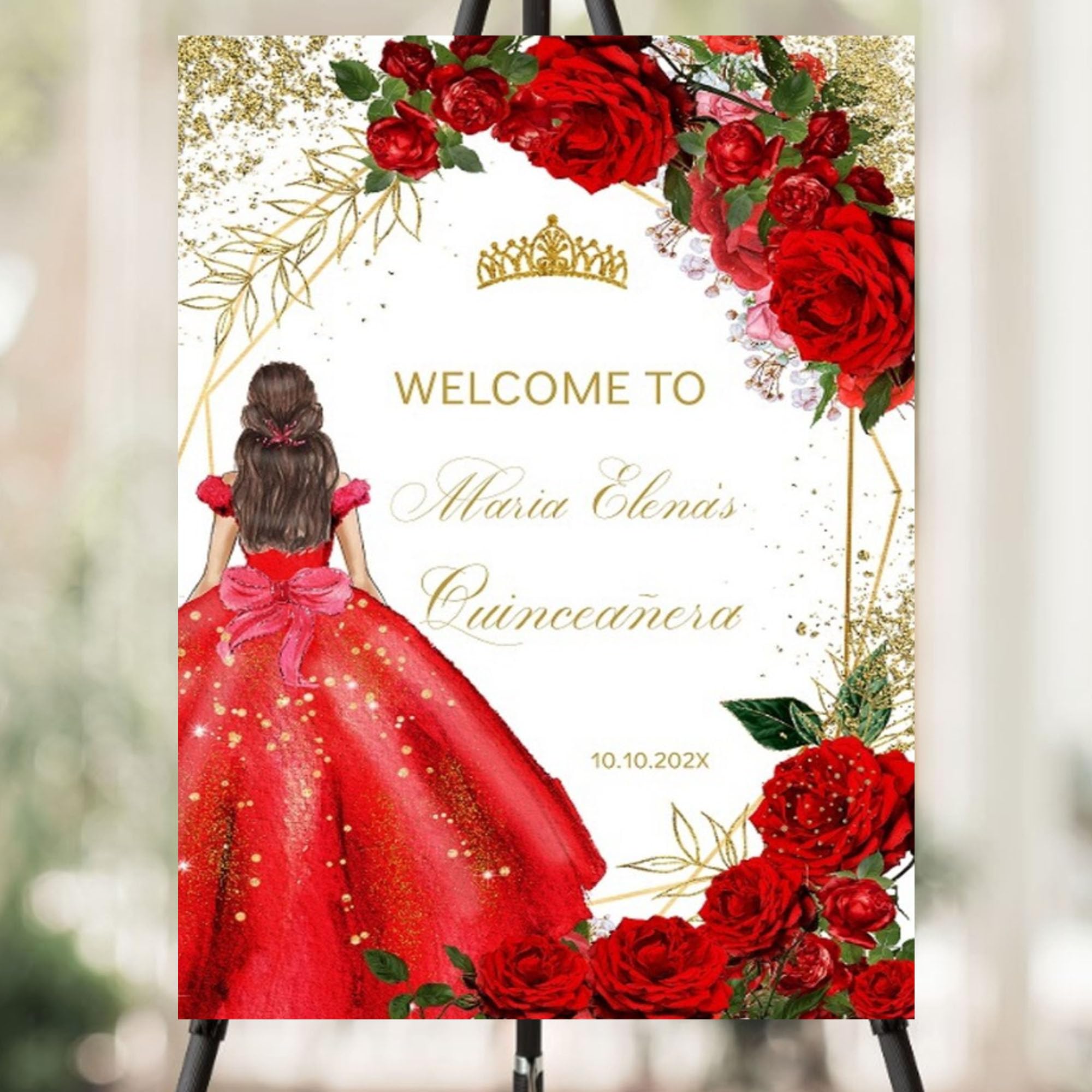 Amazon.com : Red Rose Gold Quinceañera Welcome Sign, Sweet 16 15 ...