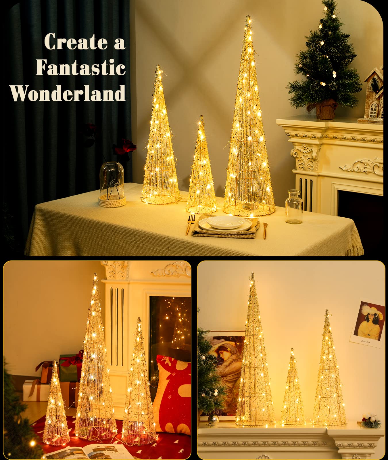 Lewondr Christmas Cone Trees, Christmas Tree with Lights Metal Beads ...