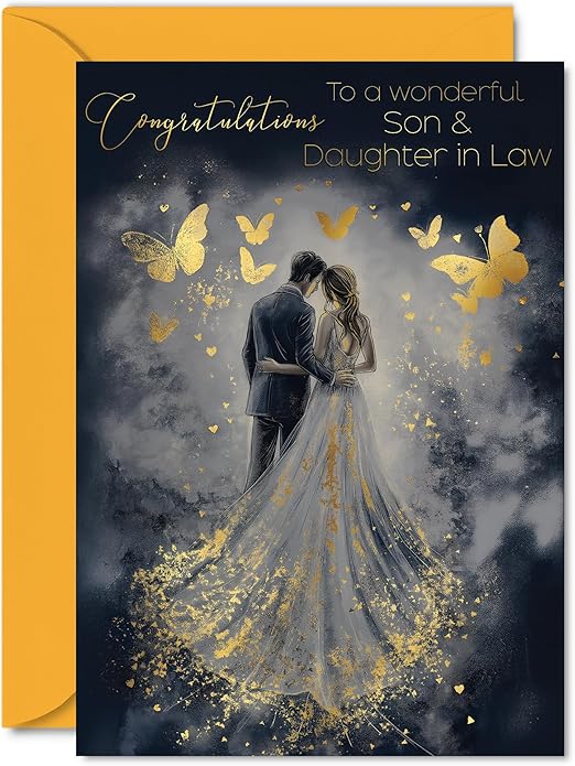 Son & Daughter in Law Wedding Card - Gold Butterflies Happy Couple ...