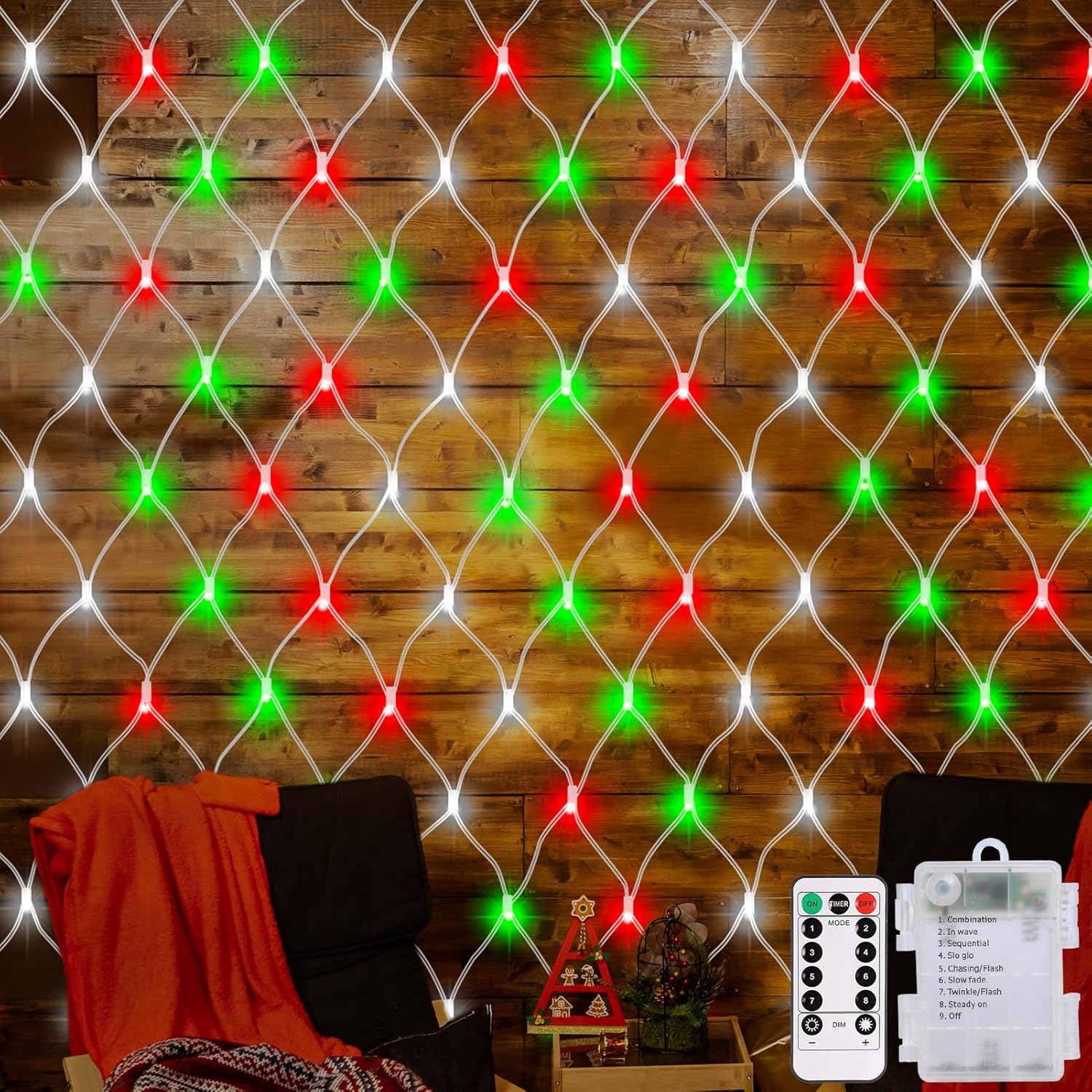 echosari Red White and Green Net Lights Battery Operated, 100 LED 5 x ...