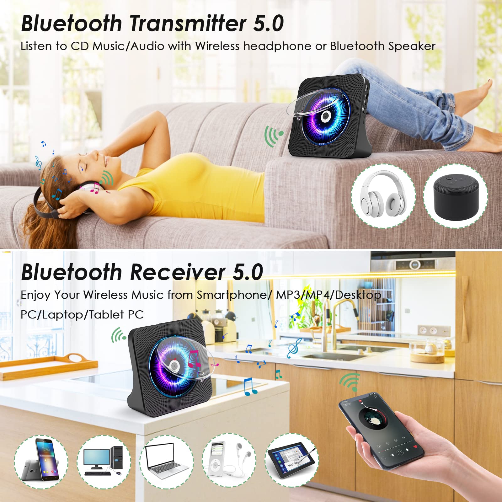 Snapklik.com : Gueray CD Player Portable Bluetooth: Desktop 4000mAh Rechargeable CD Players For Home