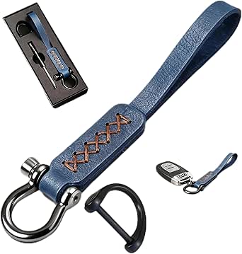 Amazon.com: FQJOYL Vintage Cowhide Leather Car Keychain - Blue Leather ...