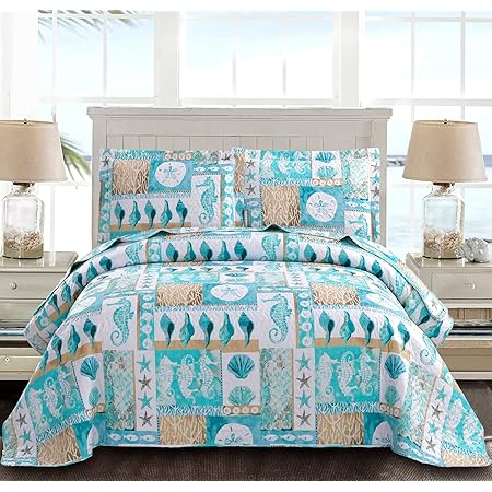 Amazon.com: Lush Decor Sealife Fish Ocean Wave Reversible 3 Piece Quilt ...