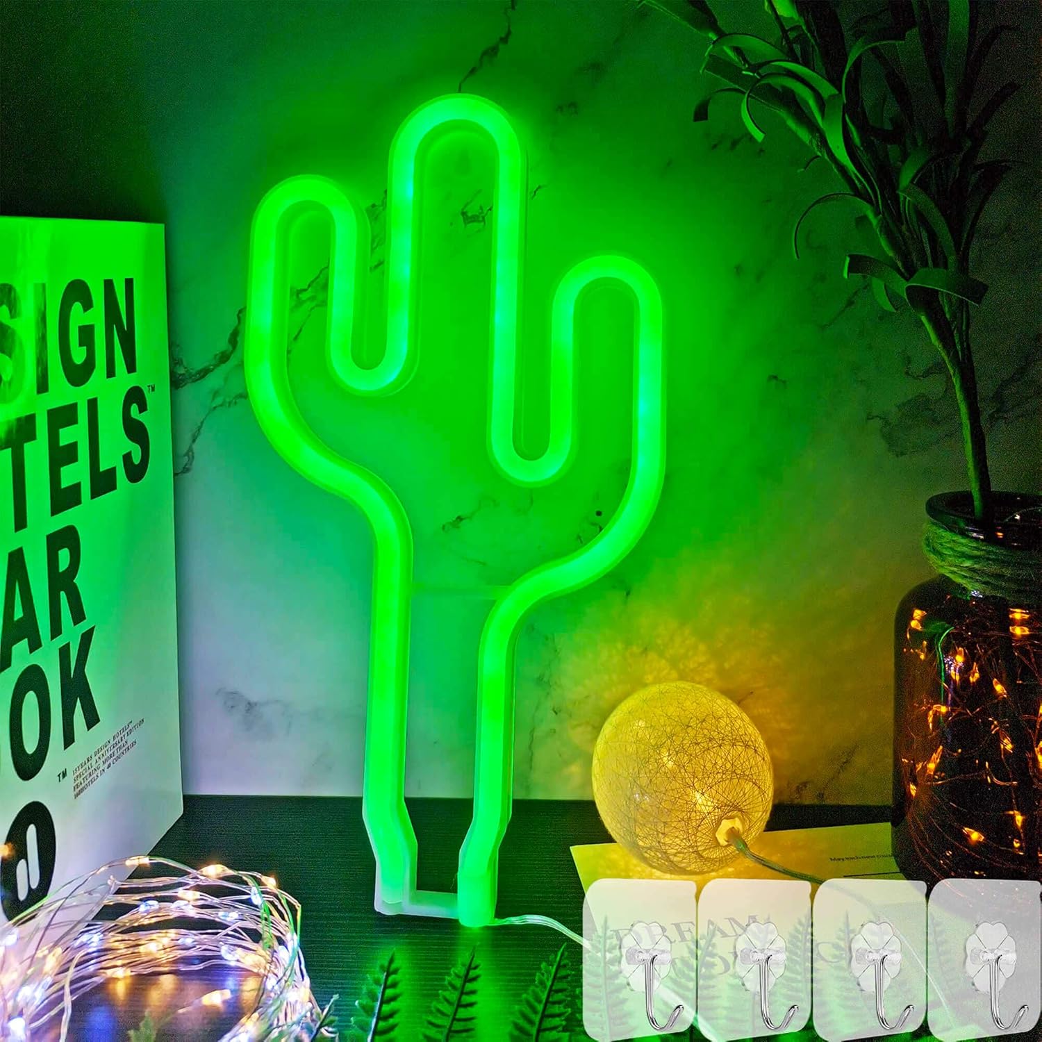 YIVIYAR Cactus LED Neon Light Sign with 4 Hooks, Green Sign Neon Light ...