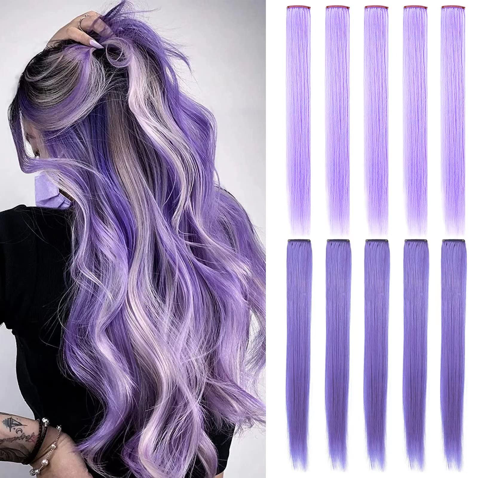 Amazon.com : MOSCSMDY 10PCS 20''Lavender Light Purple Hair Extensions ...