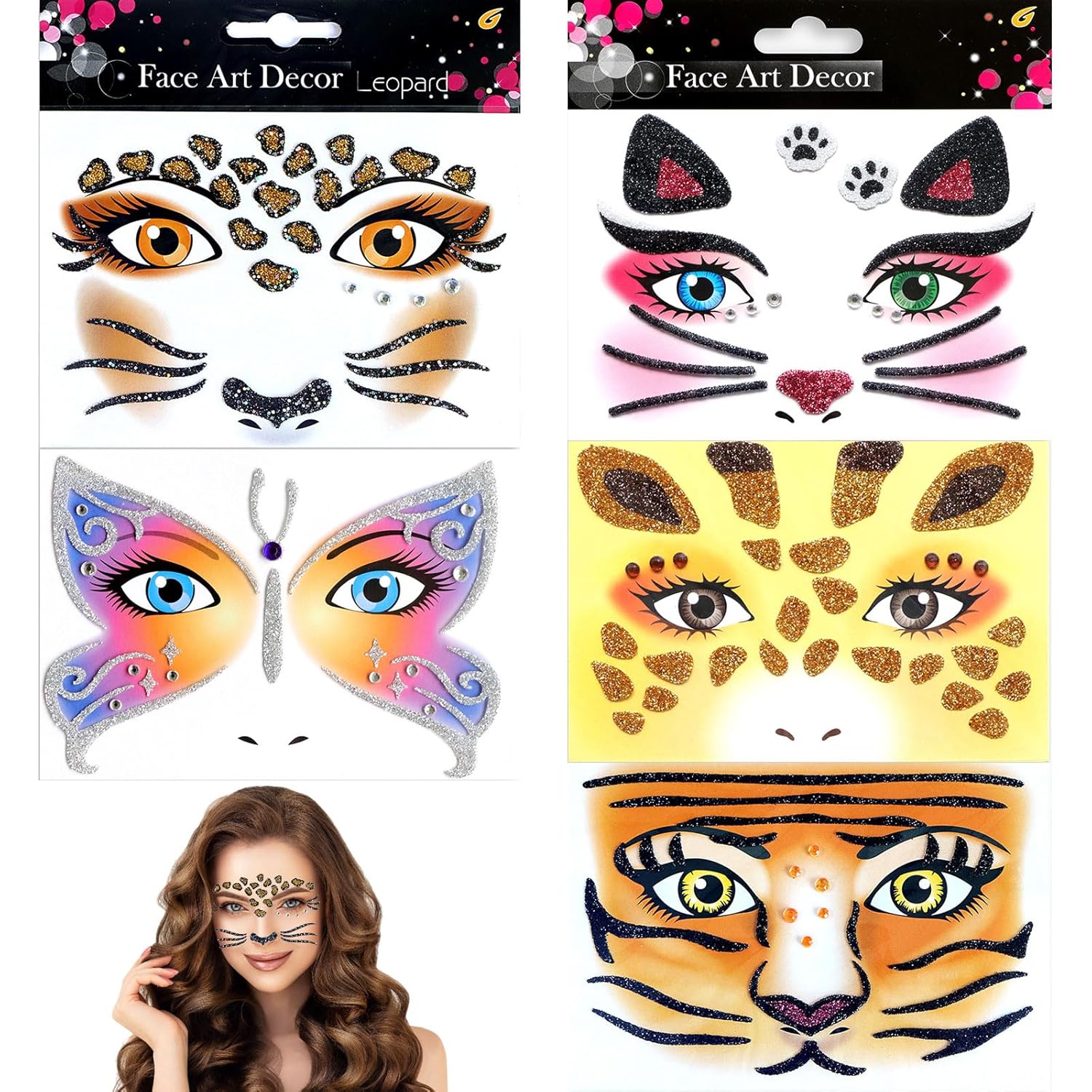 EUPSIIU Pack of 5 Face Art Stickers Animal Glitter Face Tattoo Carnival ...