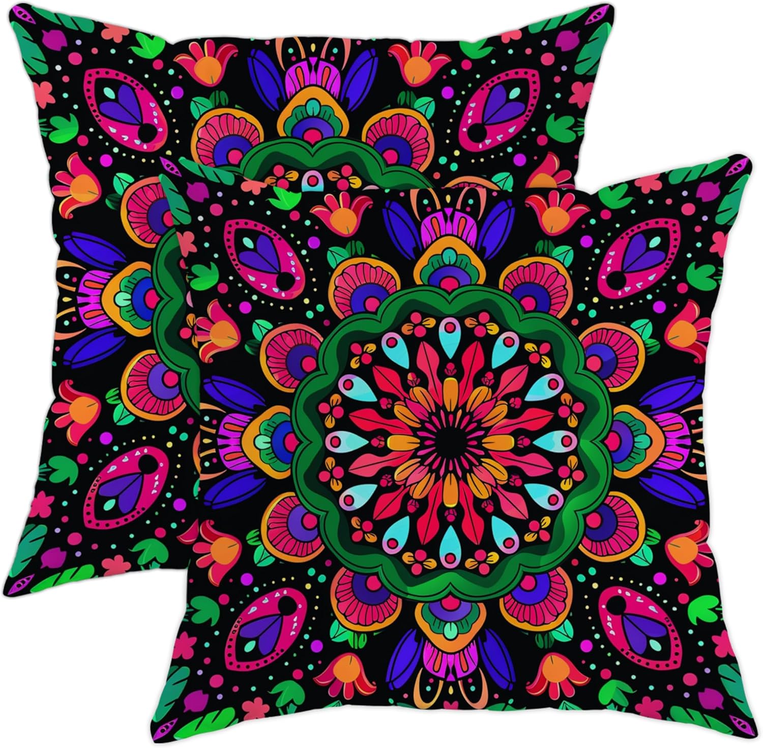 Hippy Mandala Pillow Covers Set of 2, Colorful Bohemian Floral Cushion ...