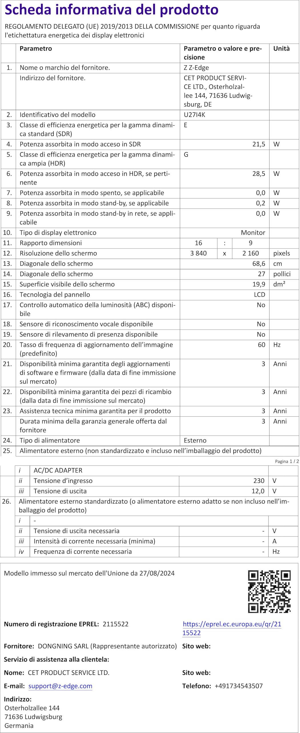 Z-Edge Monitor PC Bianco 27'' IPS 4K UHD (3840x2160), FreeSync, 75Hz ...