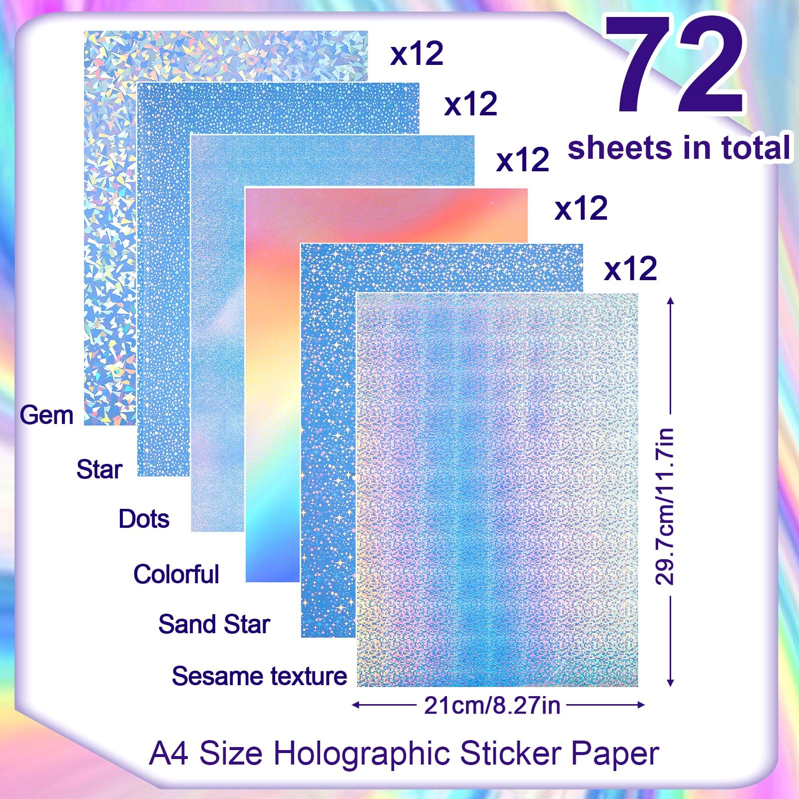 Buy 72 Sheets Holographic Sticker Paper with Gem Star A4 Size Printable ...